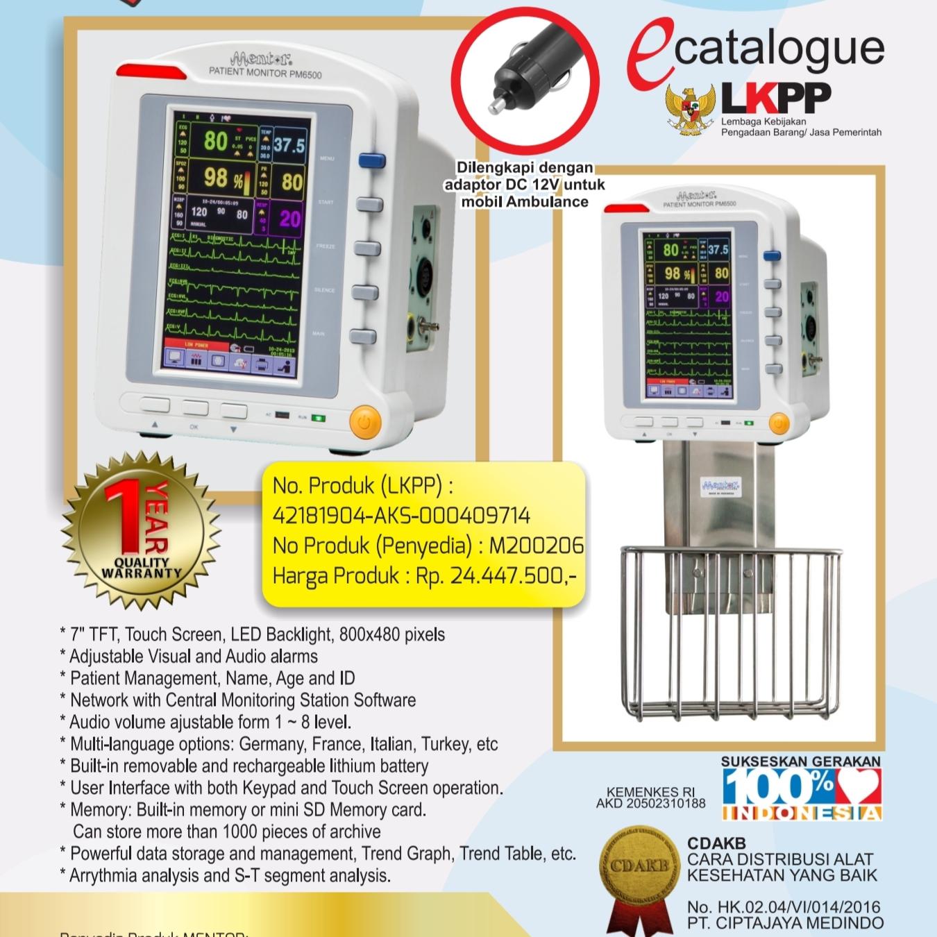 Jual MENTOR Bedside Monitor / Patient Monitor 7" PM-6500 + Wall Stand ...