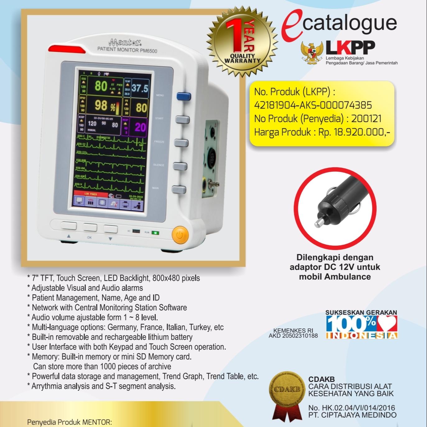 Jual MENTOR Bedside Monitor / Patient Monitor 7" PM-6500 dari PT ...